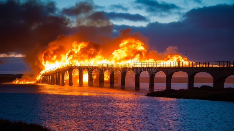 A Large Bridge on Fire Over a Body of Water Stock Image - Image of ...