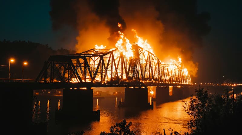 A Large Bridge on Fire Over a Body of Water Stock Photo - Image of ...