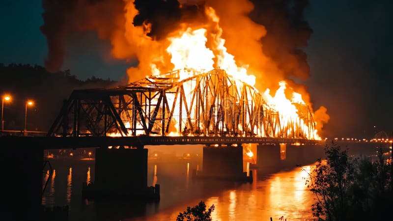 A Large Bridge on Fire Over a Body of Water Stock Footage - Video of ...
