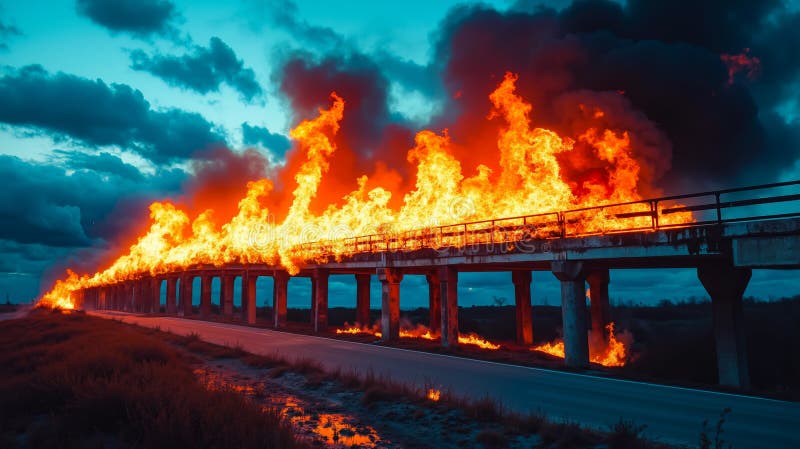 A Bridge on Fire on the Side of a Road Stock Image - Image of pillar ...
