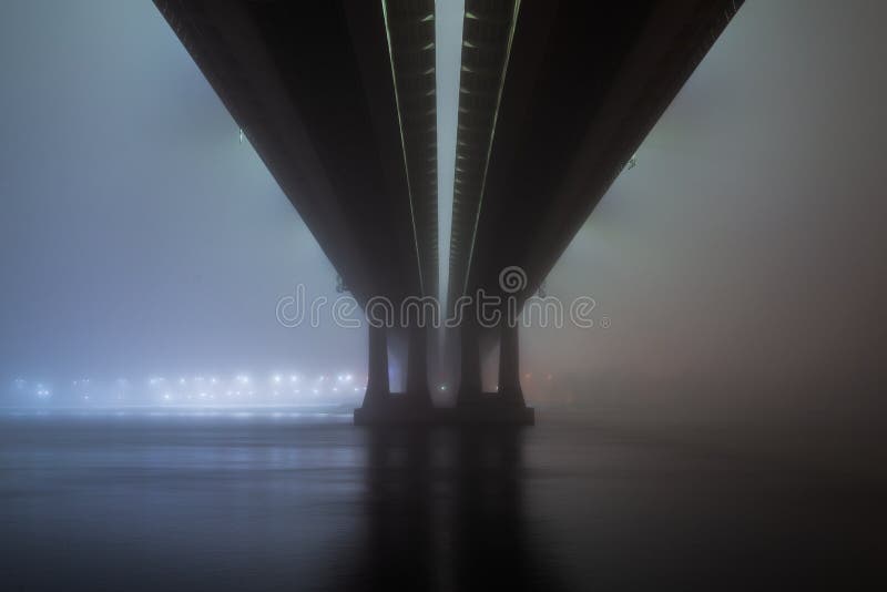 Bridge in the Fog or Mist by Night Stock Image - Image of dawn, modern ...