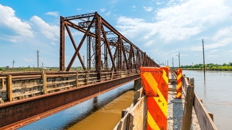 Bridge Framework Extending Over Water with Construction Equipment Stock ...