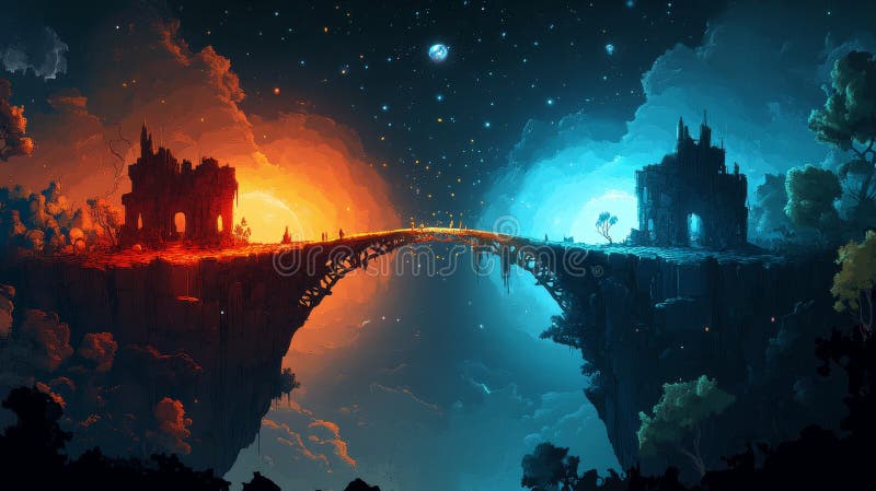 Bridge Joining Two Different Worlds with Ruins Under the Moonlight and ...