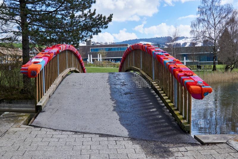 Bridge with Knitted Elements on Handrail As Local Artwork Editorial ...