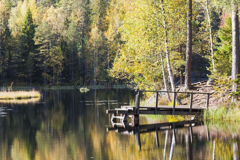 Bridge in a Lake in Colorful Autumn Forest Stock Photo - Image of lake ...