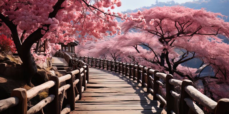 The Bridge Landscape in the Spring: Flowering Trees Along the Path ...