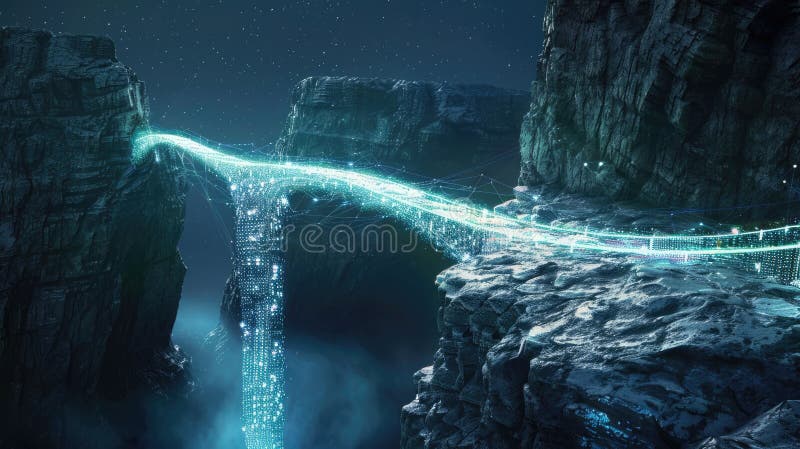 A Bridge of Light with Flowing Data Connects Cliffs, Illustrating the ... A Bridge of Light with Flowing Data Connects Cliffs, Illustrating the ...