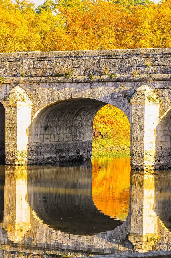 Bridge, Limestone Arch Over, Quite River and Reflection, Fall Afternoon ...
