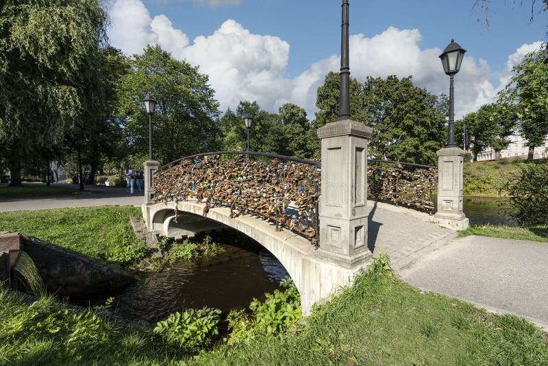 Riga. Lovers Bridge and Waterfall in Arkadai Park Stock Photo - Image ...