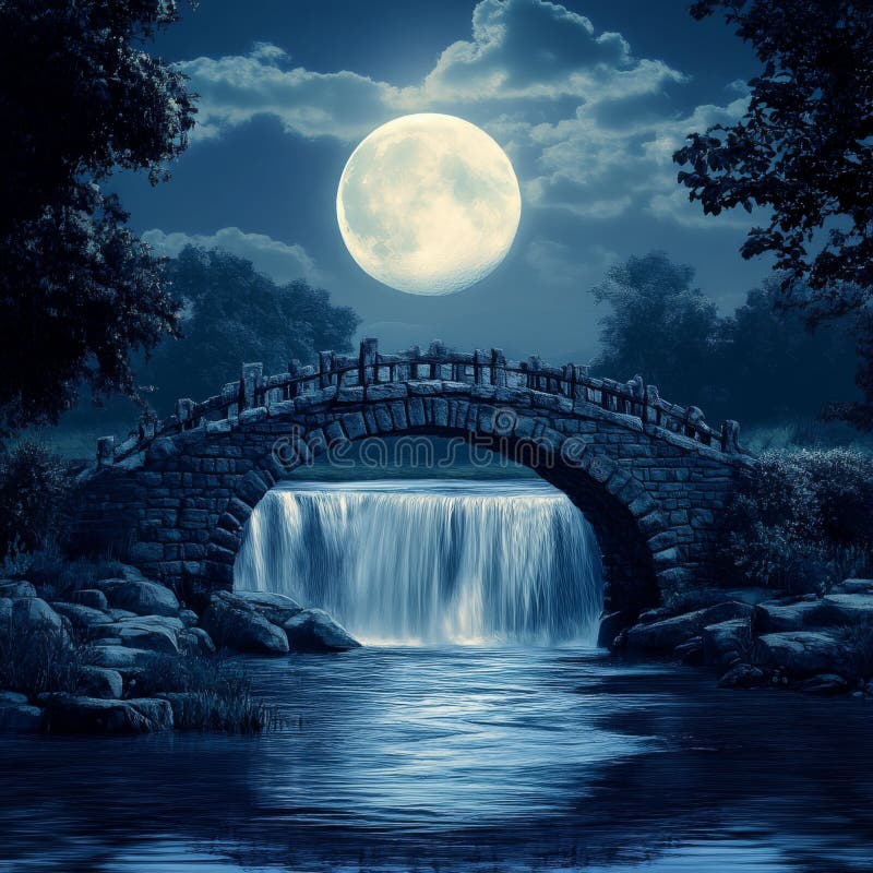 Bridge Made of Stone with a Waterfall on a Beautiful Full Moon Night ...