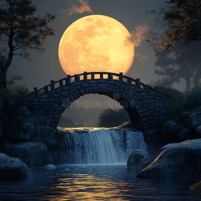 Bridge Made of Stone with a Waterfall on a Beautiful Full Moon Night ...