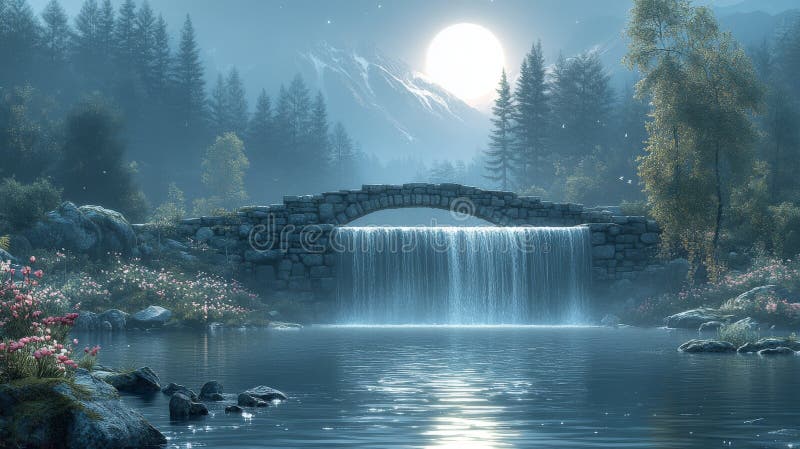 Bridge Made of Stone with a Waterfall on a Beautiful Full Moon Night ...