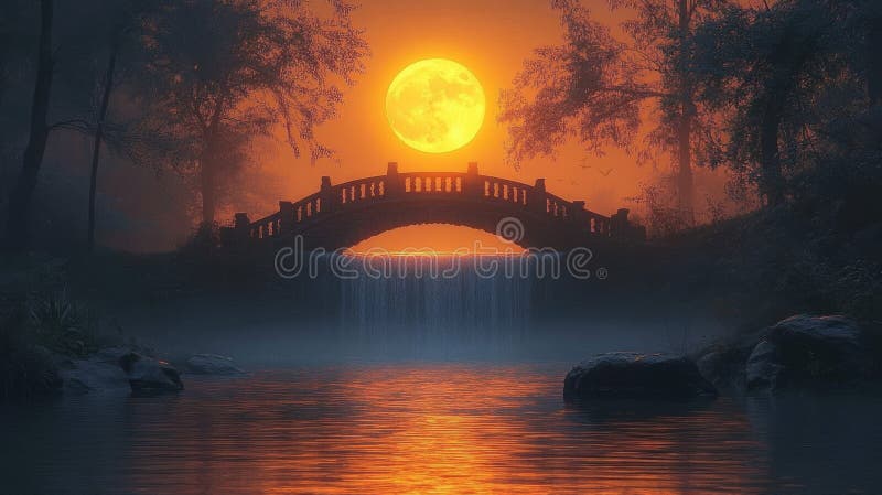 Bridge Made of Stone with a Waterfall on a Beautiful Full Moon Night ...