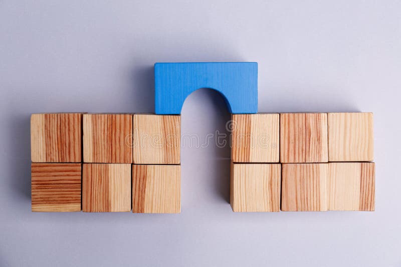 Bridge Made of Wooden Blocks on Light Grey Background, Top View Stock ...