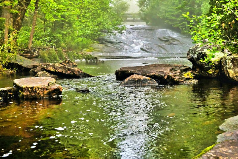 Bridge in the Mist Over Shallow Cascade Stock Photo - Image of green ...