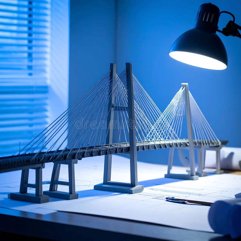 Bridge Model Under Bright Lamp, Engineering Design. Symbol of Progress, Connection ...