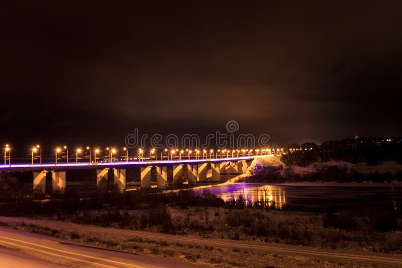 Bridge at Night City at Winter Season Stock Photo - Image of snow ...