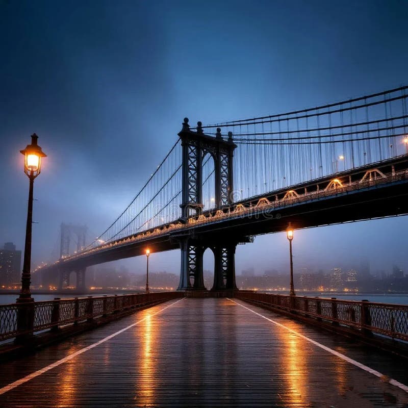 Bridge at night in fog stock illustration. Illustration of background ...