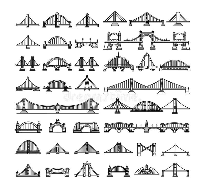 Bridge Outline Icons Vector Set. Pylons Steel Beams Overpass Viaduct ...