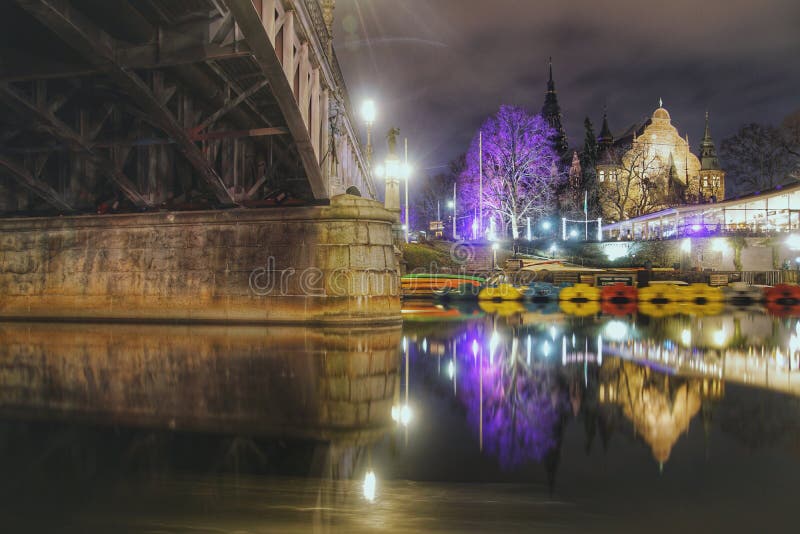 Bridge Over Canal in City during Night Stock Image - Image of light ...