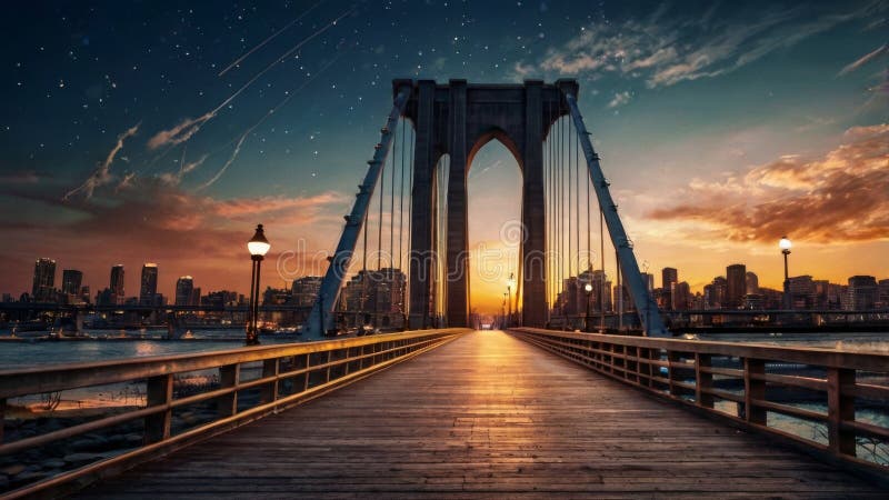 A Bridge Over a City Skyline at Sunset Stock Illustration ...