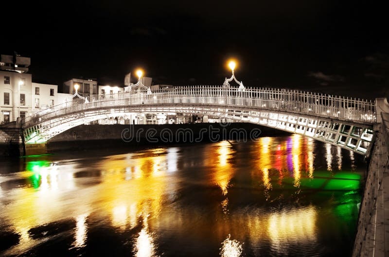 Bridge Over Colorful Waters at Night in the City Stock Photo - Image of ...