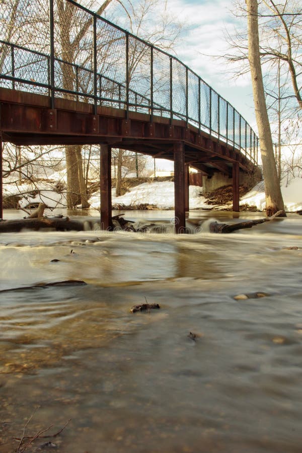 Snow Covered Bridge Over Creek Stock Image - Image of refelction ...