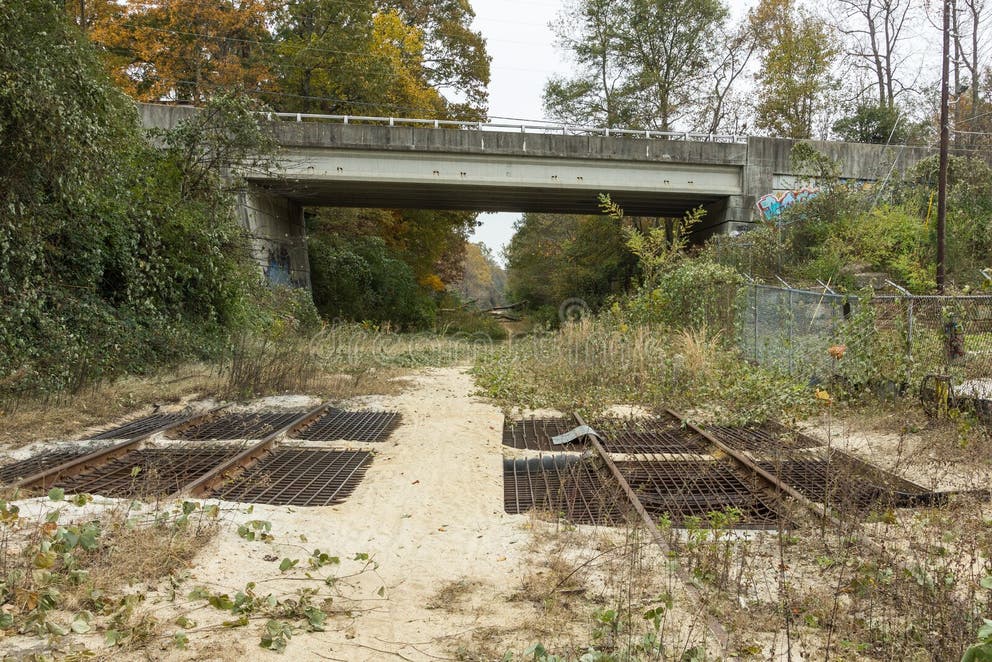 Bridge Over Disused Train Tracks Covered in Brush Stock Photo - Image ...
