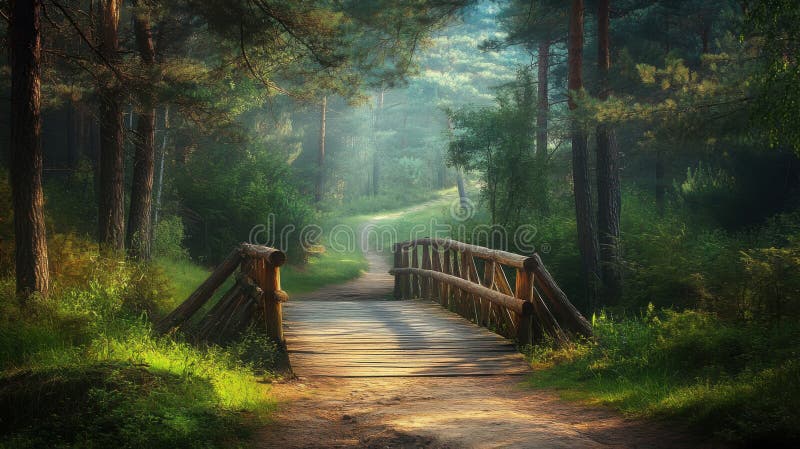 A Bridge Over a Forest Path with a Bridge that is Wooden Stock ...