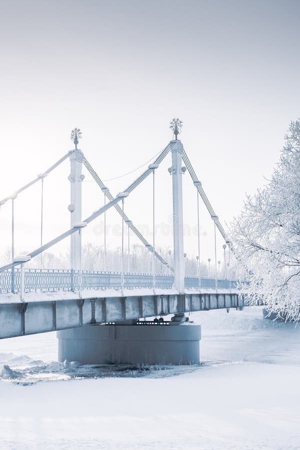 Bridge Over Frozen River and Trees in Hoarfrost. Fine Art Stock Photo ...