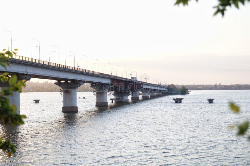 Bridge Over the Huge River Sunset Blur Stock Image - Image of pier ...