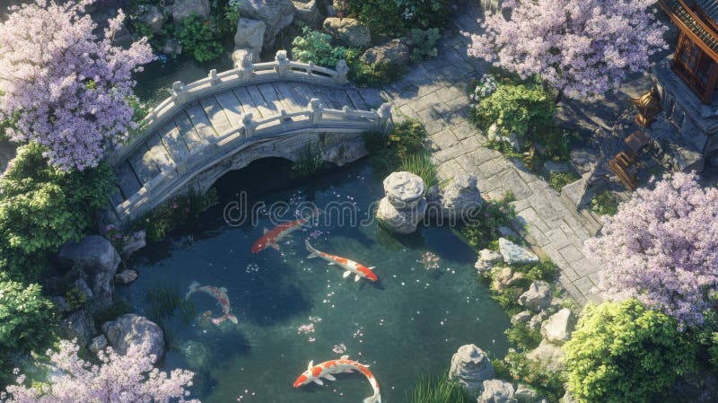 A Bridge Over a Pond with Two Koi Fish Swimming in it Stock ...