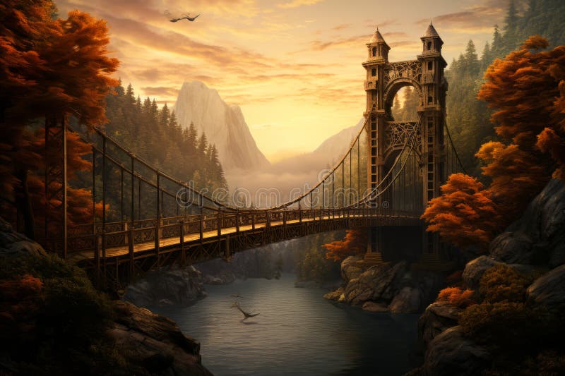 Bridge Over River with Bird Flying Over it and Bird Flying Over it ...