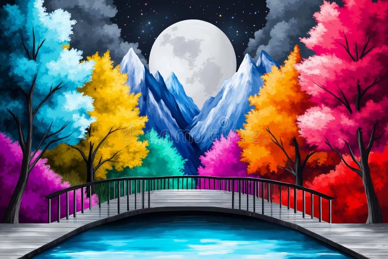 A Bridge Over a River with a Full Moon in the Background Stock Photo ...