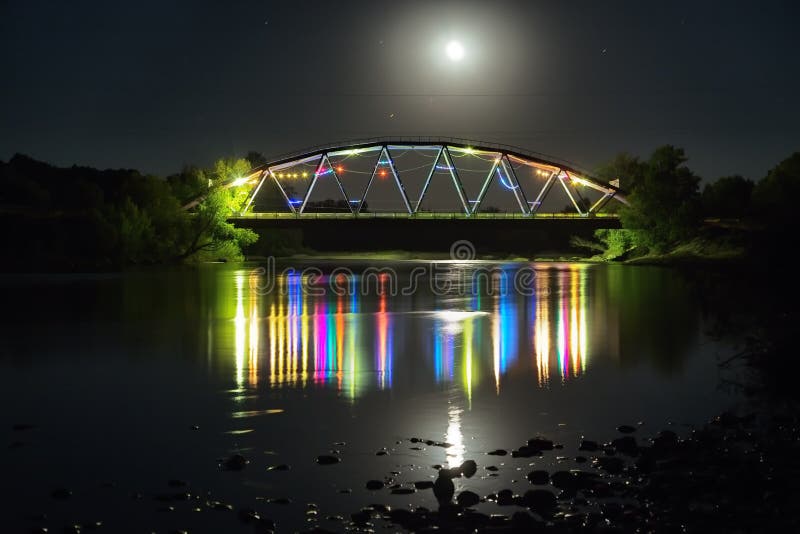 Bridge Over River and Full Moon Stock Image - Image of moon ...