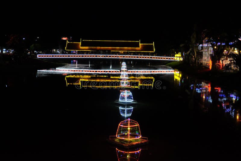 Bridge Over the River Lit by Night Lights Stock Image - Image of light ...