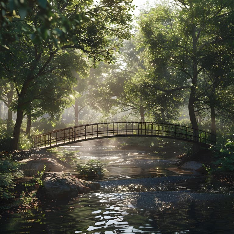 Bridge Over the River in the Lush Forest. Greenery Pathway Stock ...