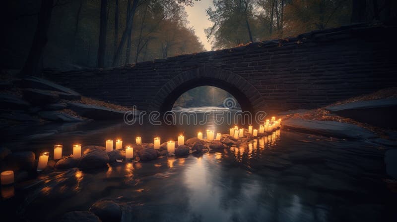 A Bridge Over a River with Many Lit Candles on it and a Bridge in the ...