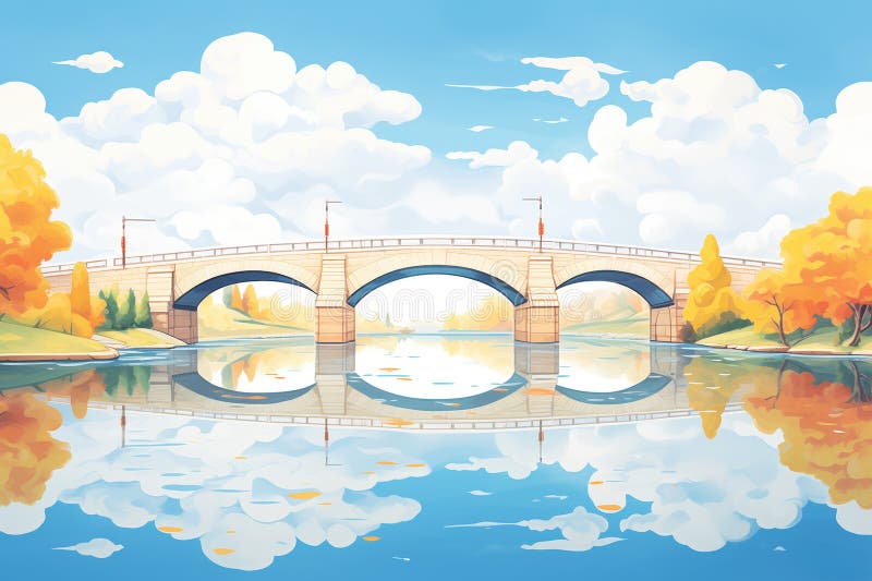 A Bridge Over a River Reflecting Continuous Daylight Stock Illustration ...