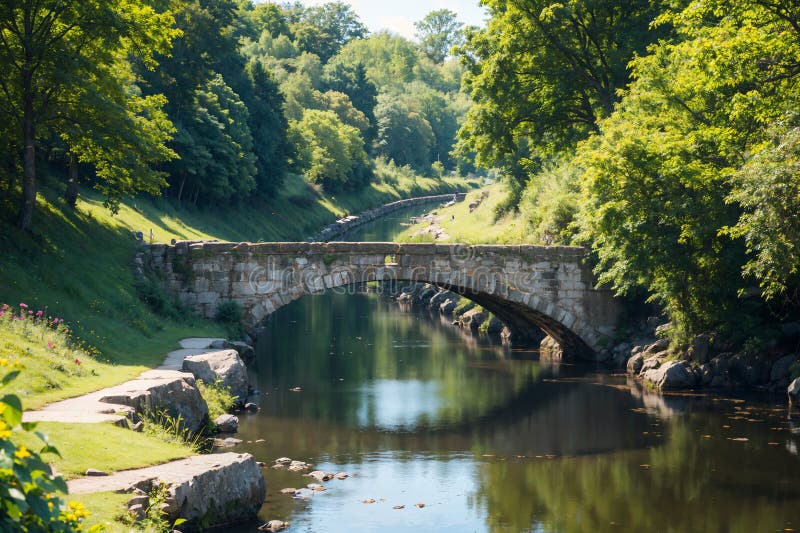 The Sun Cast Golden Rays Over the Stone Bridge Spanning the River Stock ...