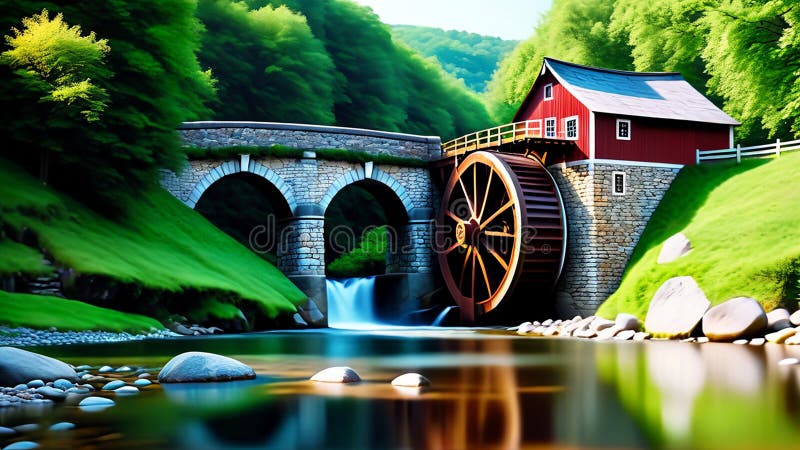 Bridge Over the River, Watermill Stock Illustration - Illustration of ...