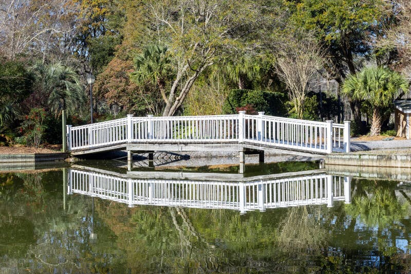 Bridge Over Serene Park Pond Stock Photo - Image of wooden, serene ...
