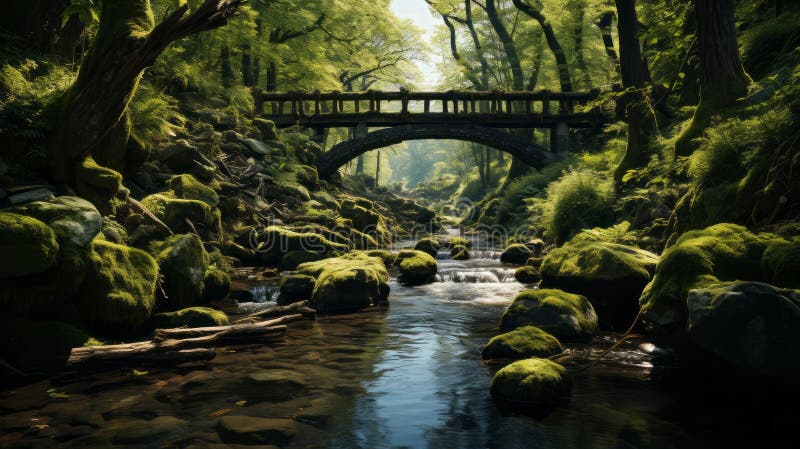 A Bridge Over A Stream In A Forest Generative Ai Stock Illustration