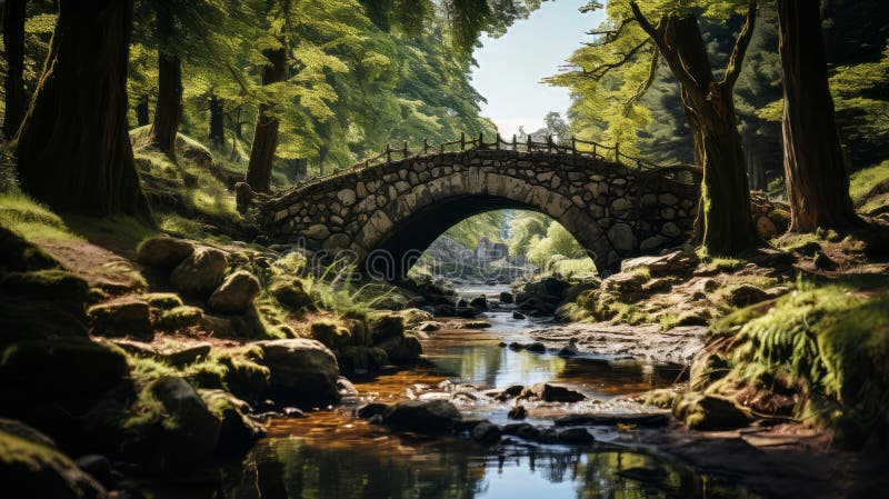 A Bridge Over A Stream In A Forest Generative Ai Stock Illustration
