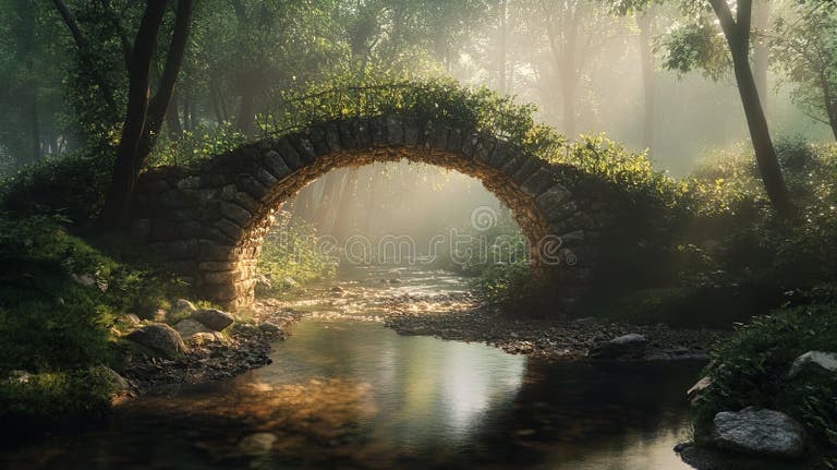 Bridge Over Stream, Realistic, Cinematic Light, Sharp Focus. Stock ...