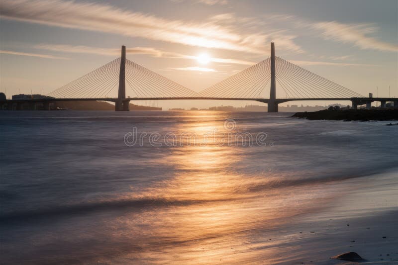 A Bridge Over Water with Sun Setting Behind it, AI Stock Photo - Image ...