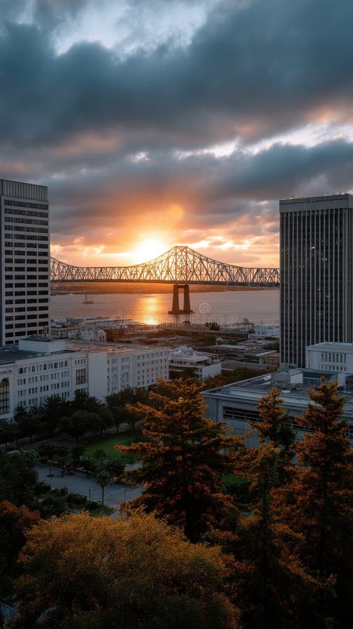 Bridge Over Water at Sunset with Urban Skyline and Cloudy Sky Scenery ...
