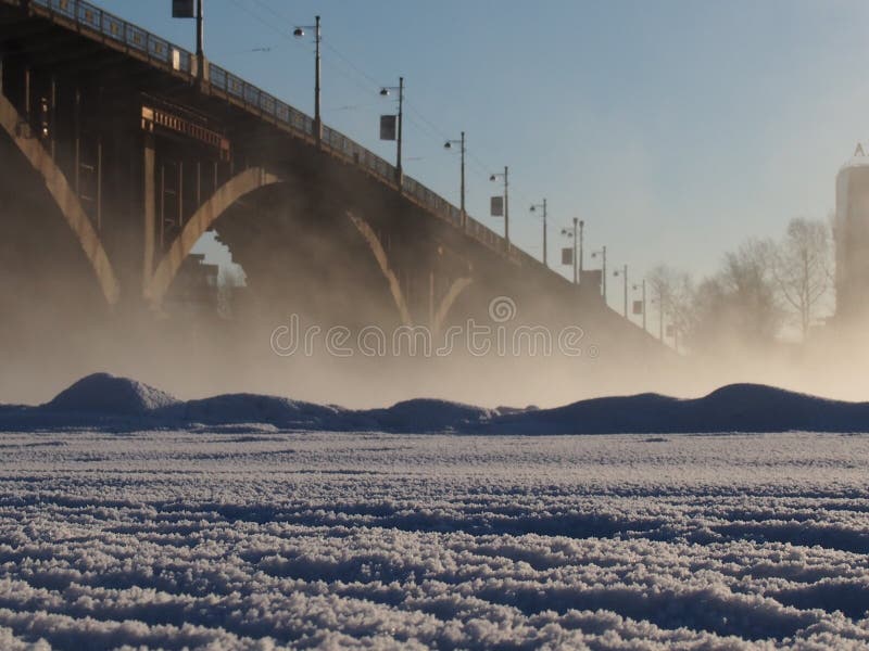 Bridge Over the Winter River Stock Photo - Image of verdure, city ...