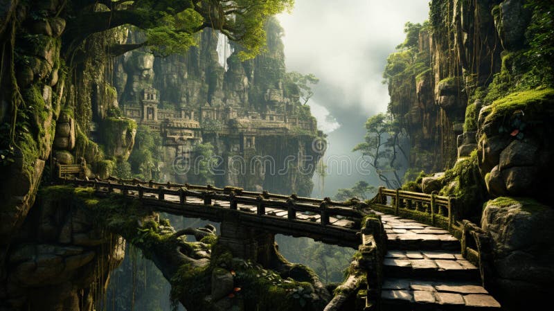 A Bridge Overring Cliffside with Trees Stock Illustration ...