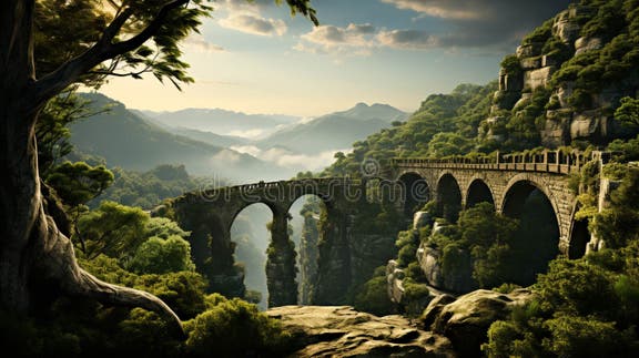 A Bridge Overring Cliffside with Trees Stock Illustration ...